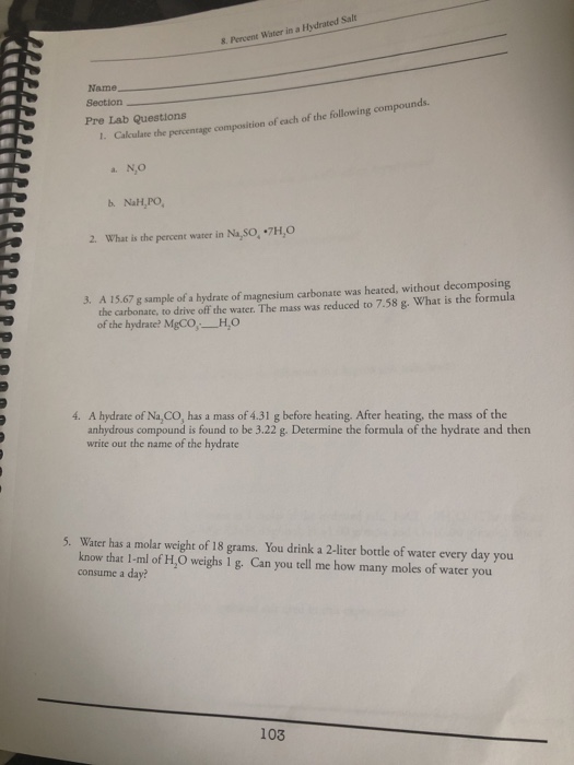 Solved 8. Percent Water in a Hydrated Salt Name Section Pre | Chegg.com