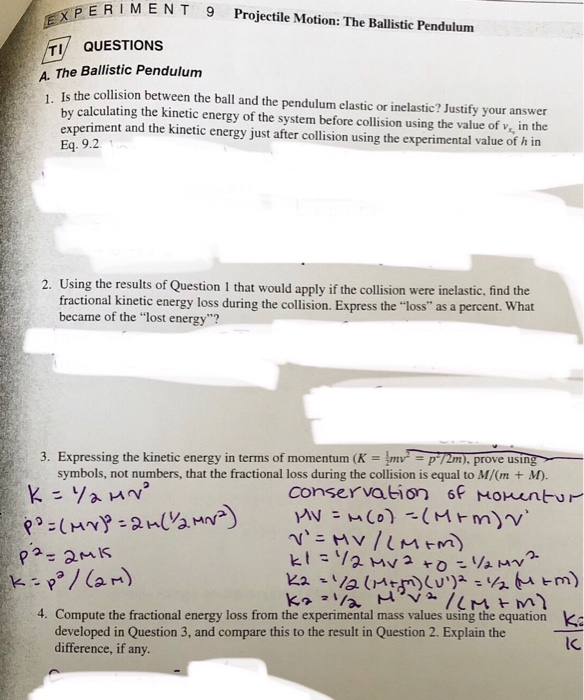 Solved ERIMENT 9 Projectile Motion: The Ballistic Pendulum | Chegg.com