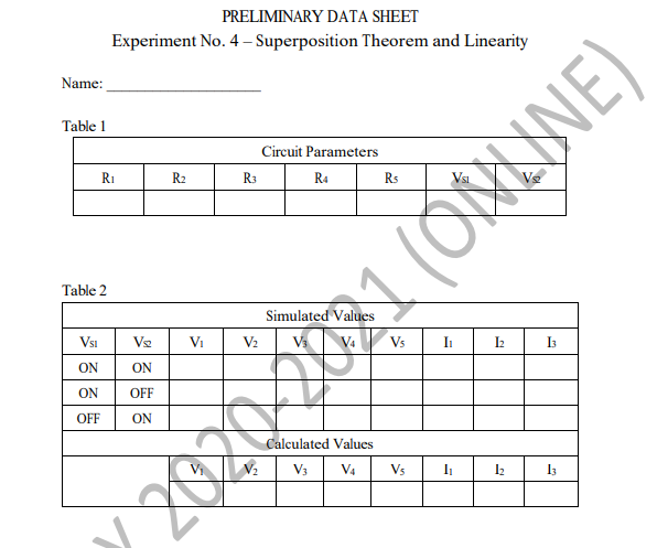 PRELIMINARY DATA SHEET Experiment No. 4 - | Chegg.com