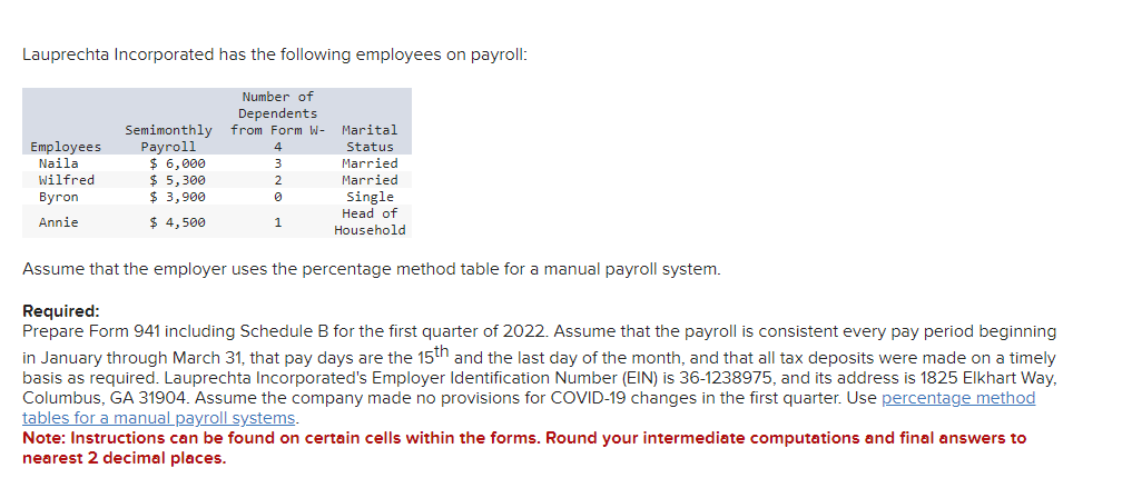 Lauprechta Incorporated has the following employees | Chegg.com