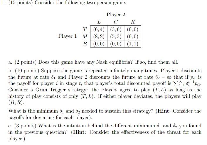 Solved 1. (15 points) Consider the following two person | Chegg.com