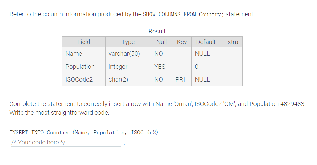 Solved Refer to the column information produced by the SHOW | Chegg.com