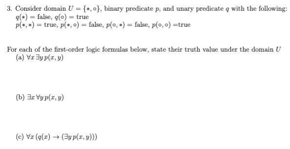 Solved 3. Consider domain U = {*,}, binary predicate p, and | Chegg.com