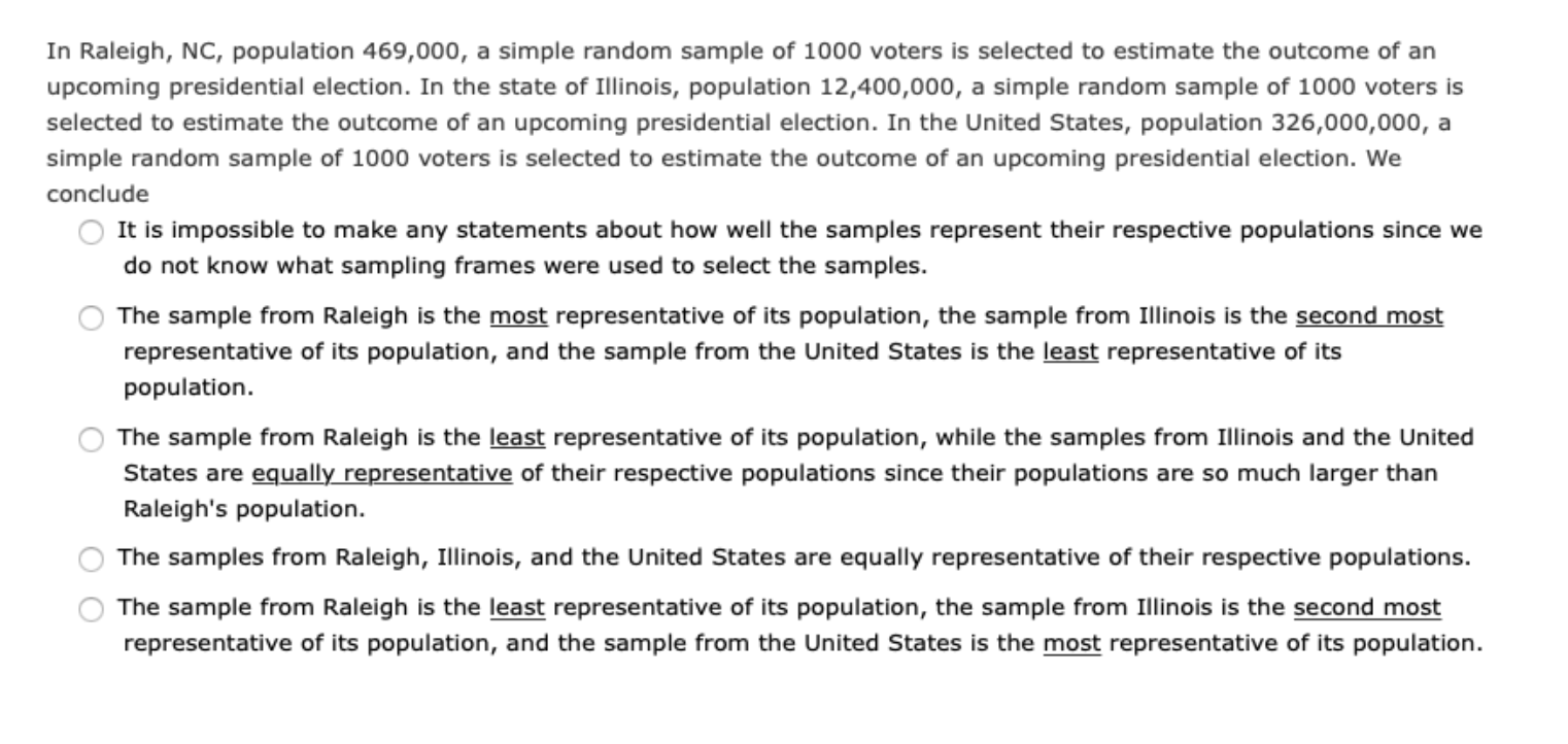 Solved In Raleigh, NC, population 469,000 , a simple random | Chegg.com
