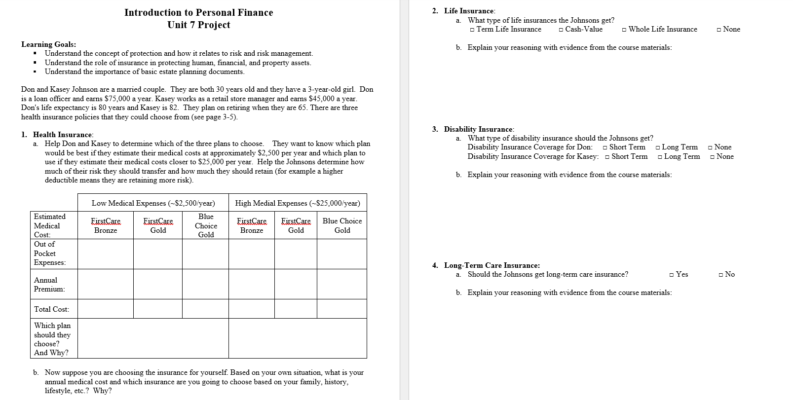Introduction to Personal Finance Unit 7 Project | Chegg.com