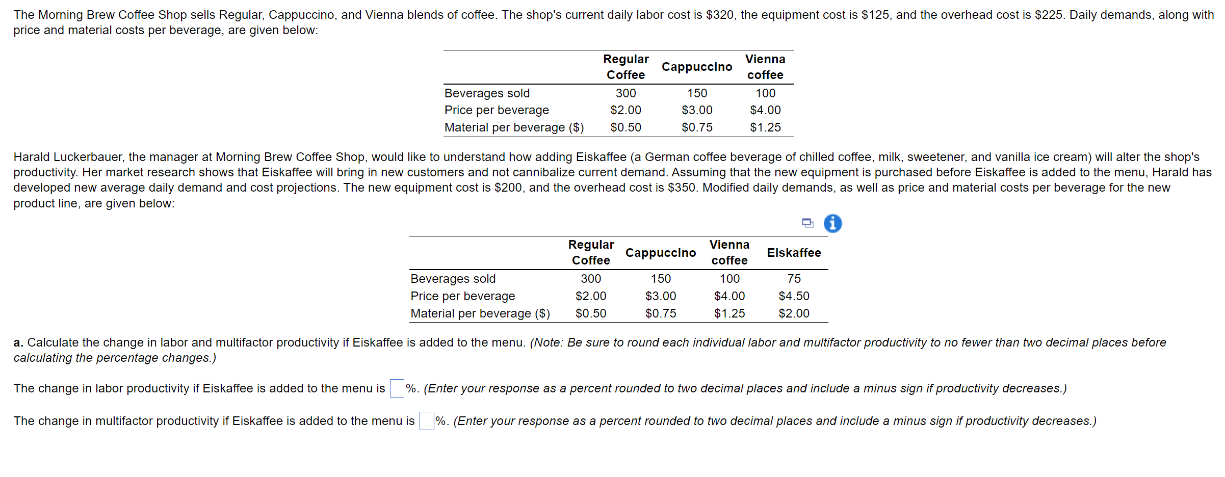 Solved price and material costs per beverage, are given | Chegg.com