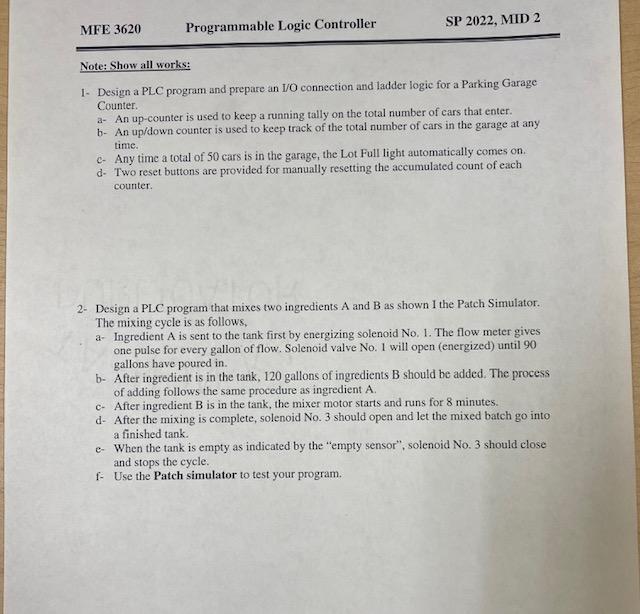 Solved MFE 3620 Programmable Logic Controller SP 2022, MID 2 | Chegg.com