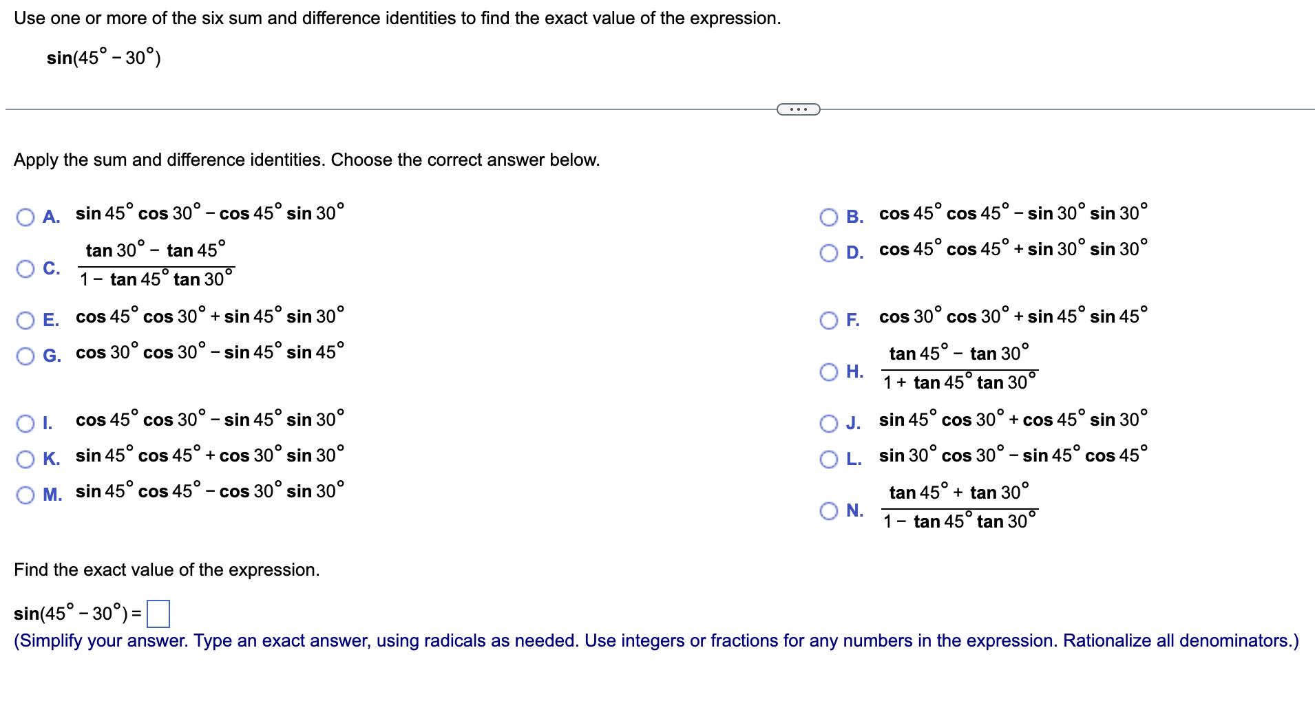 Solved Use one or more of the six sum and difference | Chegg.com