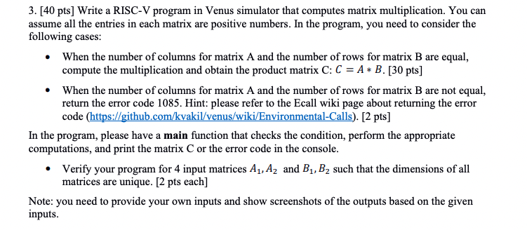 3. [40 pts] Write a RISC-V program in Venus simulator | Chegg.com
