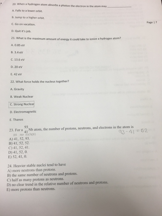 Solved 20 When A Hydrogen Atom Absorbs A Photon The