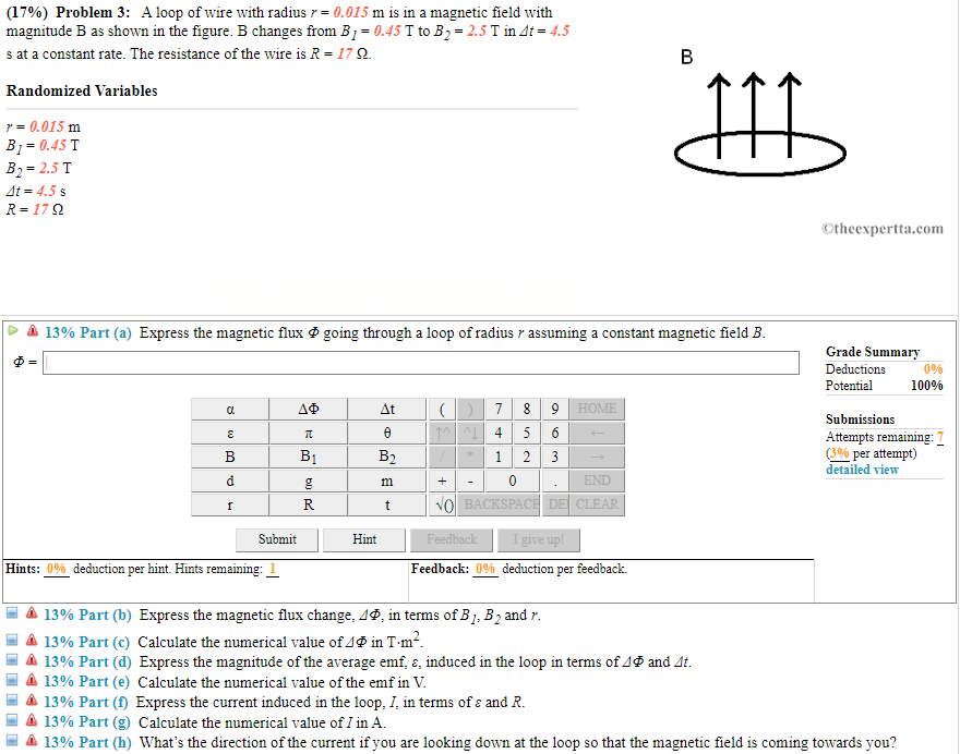 Solved (17%) Problem 3: Aloop of wire with radius r 0.015 m | Chegg.com