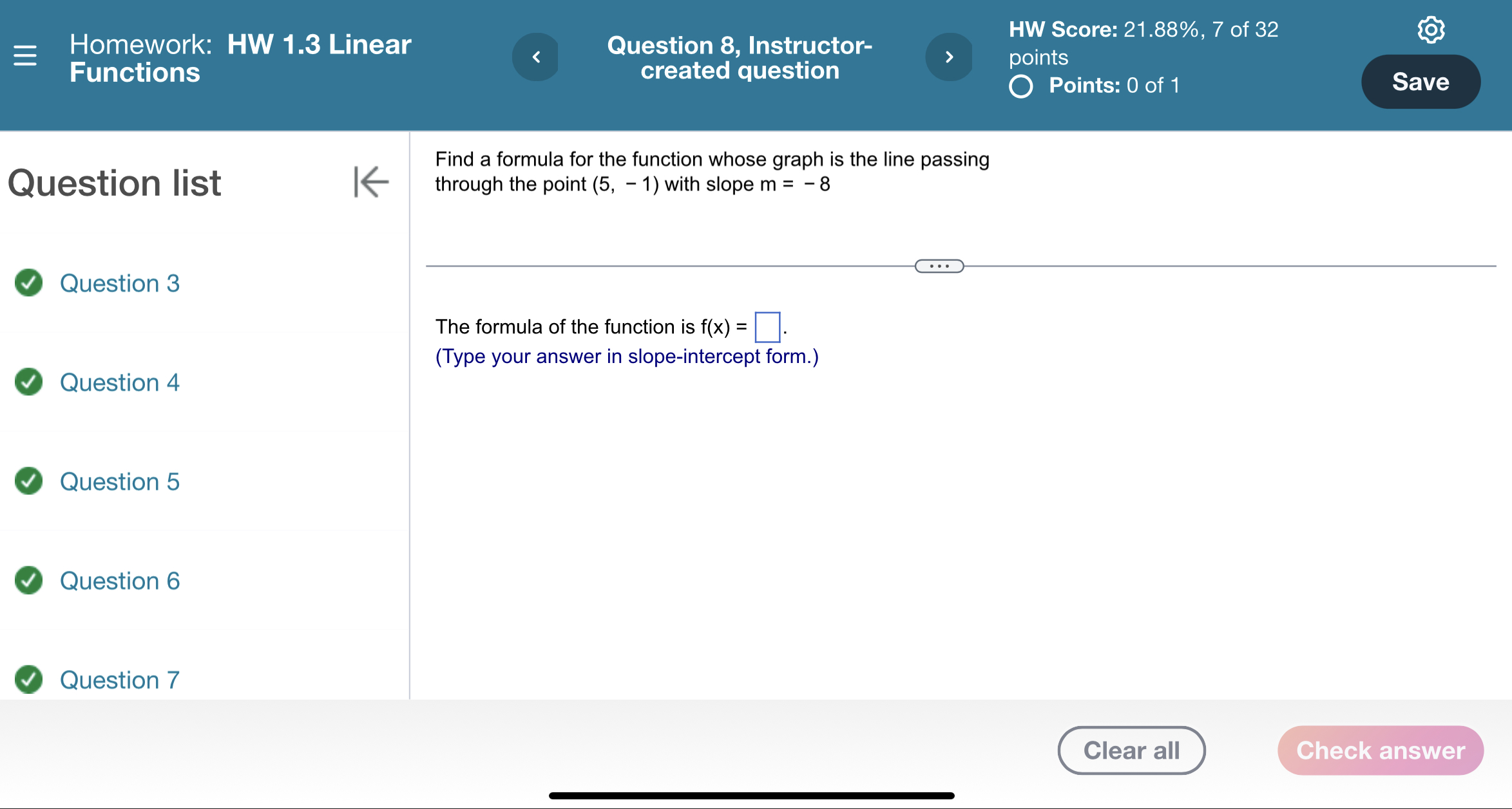 Solved ≡ Homework: HW 1.3 Linear Functions Question 8, | Chegg.com