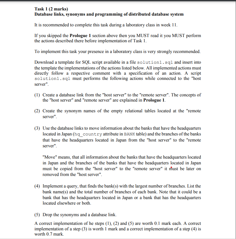 Solved Task 1 ( 2 marks) Database links, synonyms and | Chegg.com