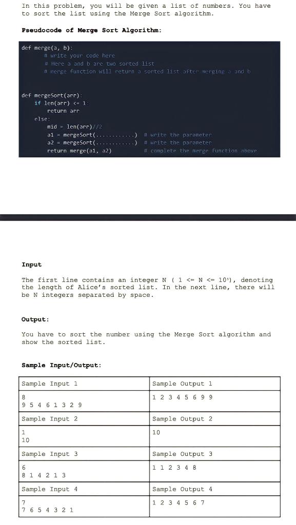 Solved To Sort The List Using The Merge Sort Algorithm 2387