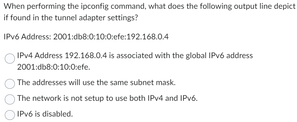 Solved When performing the ipconfig command, what does the | Chegg.com