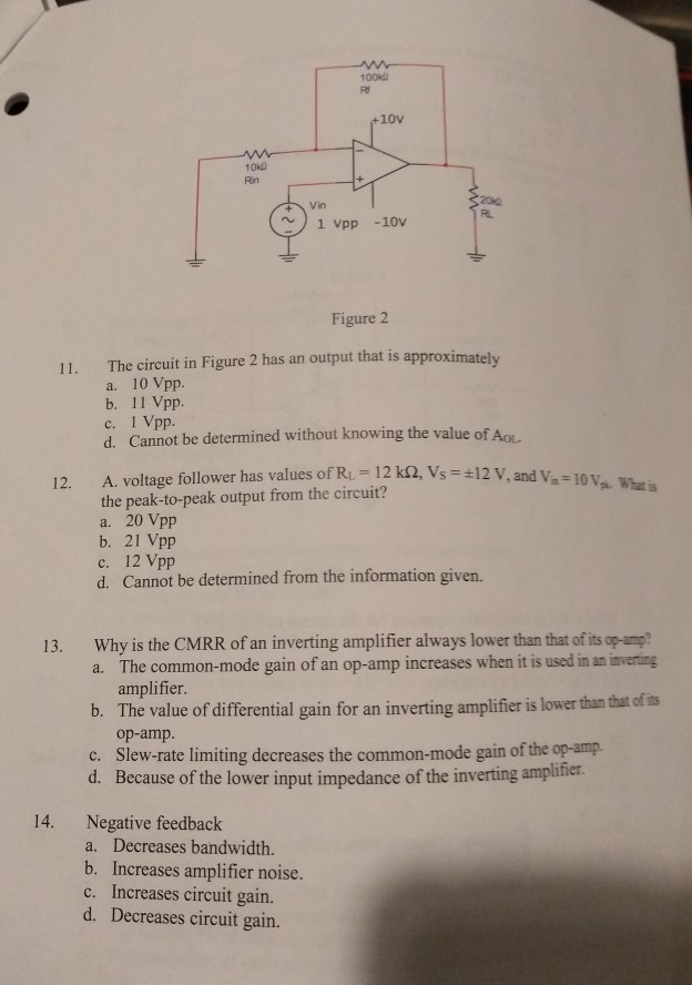 Solved 100ฎ t10v 10kd Rin + Vin RI. 1 Vpp -10v Figure 2 The | Chegg.com
