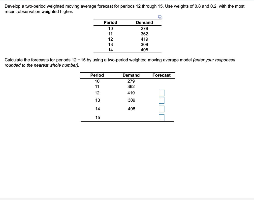 Solved Develop a two-period weighted moving average forecast | Chegg.com