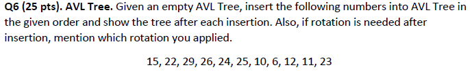 Solved Q6 (25 pts). AVL Tree. Given an empty AVL Tree, | Chegg.com