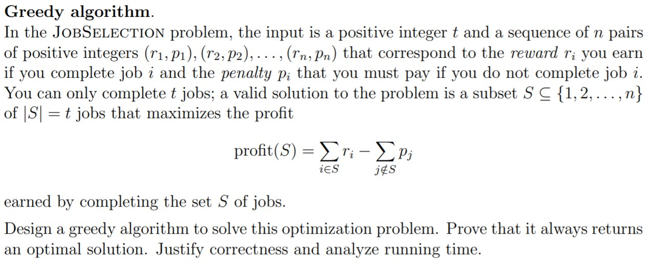 Greedy algorithm. In the JOBSELECTION problem, the | Chegg.com