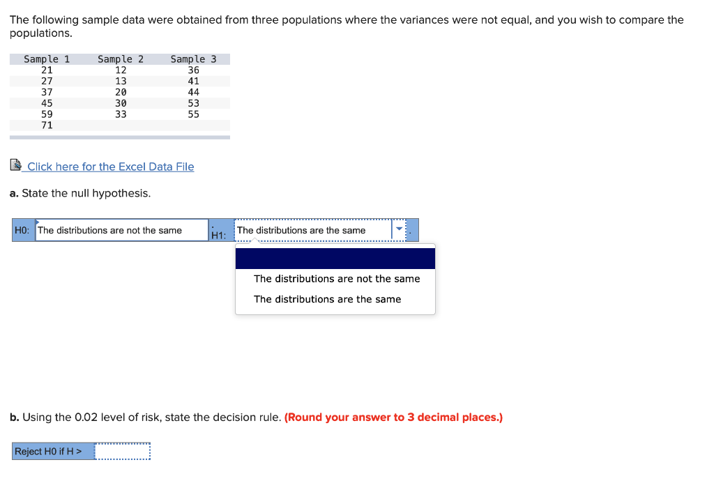 Solved The following sample data were obtained from three | Chegg.com