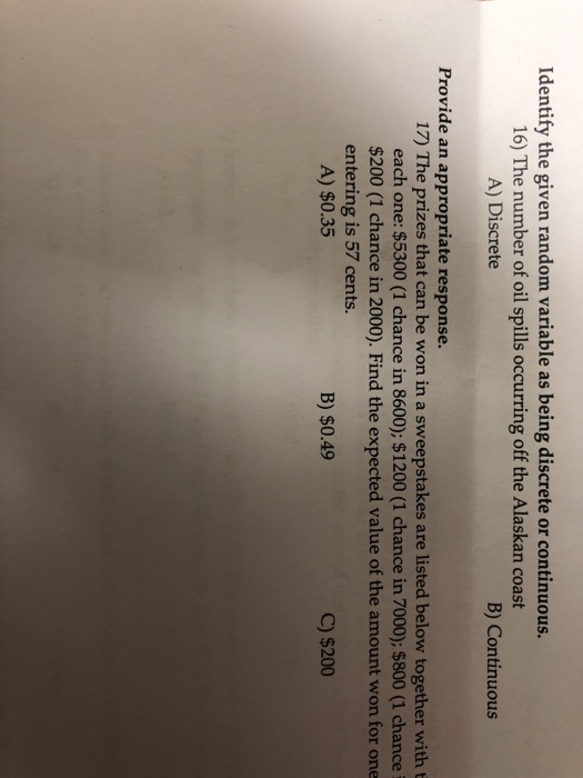 Solved Identify The Given Random Variable As Being Discrete 