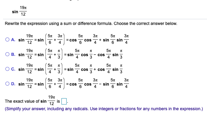 Solved 191 sin 12 Rewrite the expression using a sum or | Chegg.com