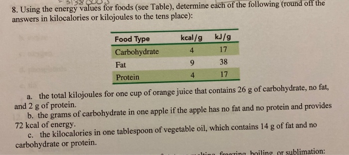 Solved 8. Using the energy values for foods (see Table), | Chegg.com
