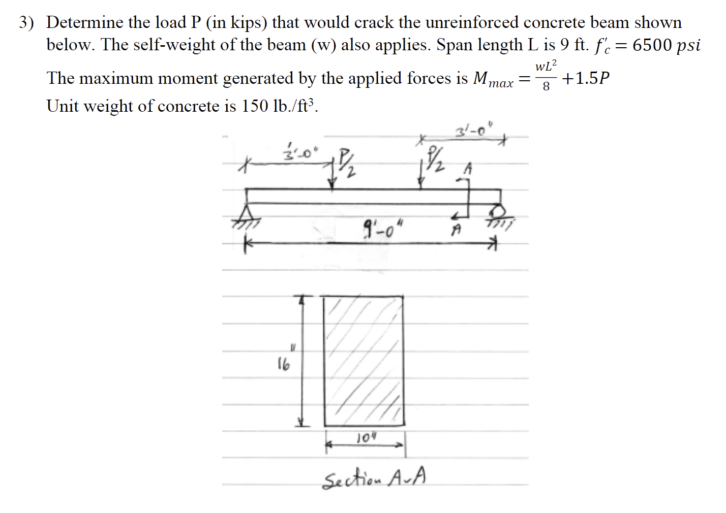 Solved Determine the load P (in kips) that would crack the | Chegg.com
