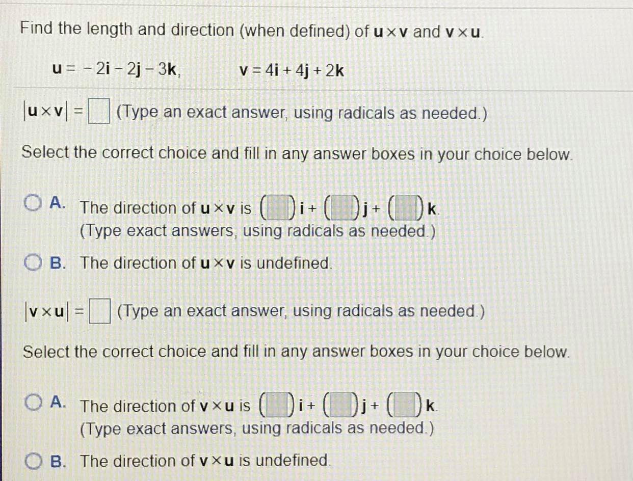 Solved Find the length and direction (when defined) of uxv | Chegg.com
