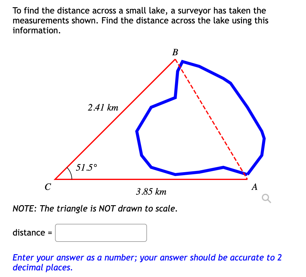 Solved To find the distance across a small lake, a surveyor | Chegg.com