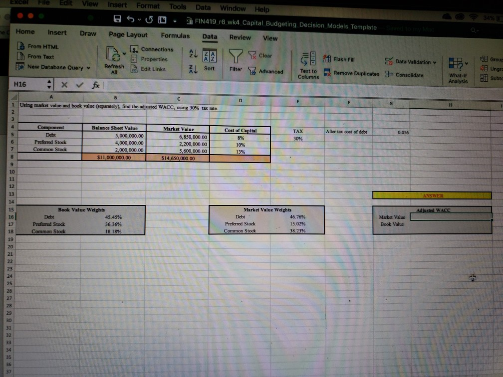 Solved just need Excel formula for finding adjusted WACC of | Chegg.com