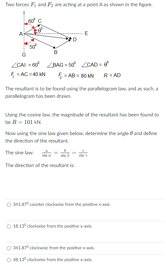 Solved Two forces F1 and F2 are acting at a point A as shown | Chegg.com