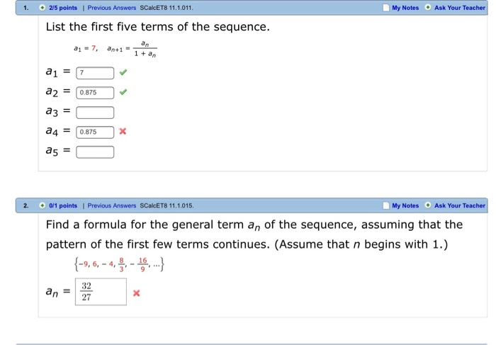 Solved 1. 2/5 points | Previous Answers SCalcET8 11.1.011 My | Chegg.com