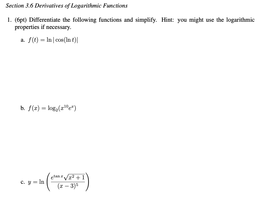 Solved Section 3.6 Derivatives of Logarithmic Functions 1. | Chegg.com