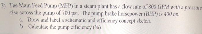 Solved 3) The Main Feed Pump (MFP) in a steam plant has a | Chegg.com