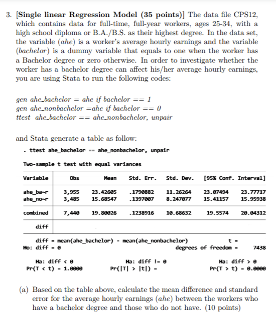 3. [Single linear Regression Model (35 points)] The | Chegg.com