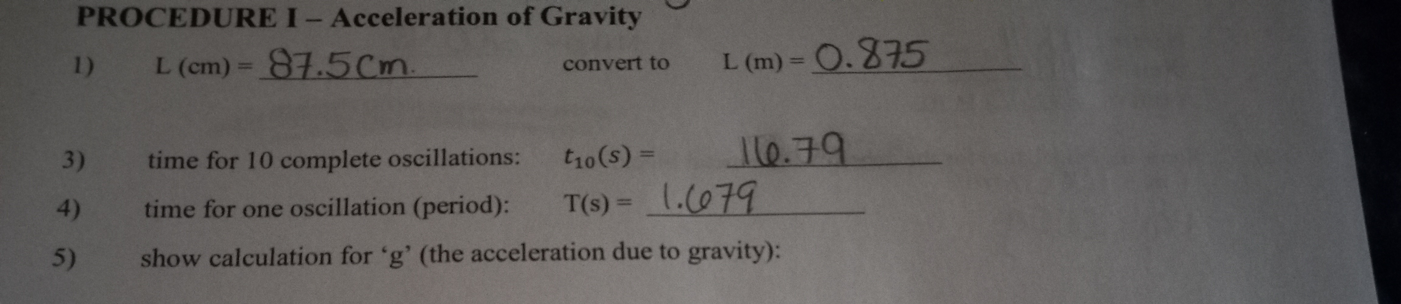 Solved PROCEDURE I - Acceleration of Gravity 1) \\( | Chegg.com