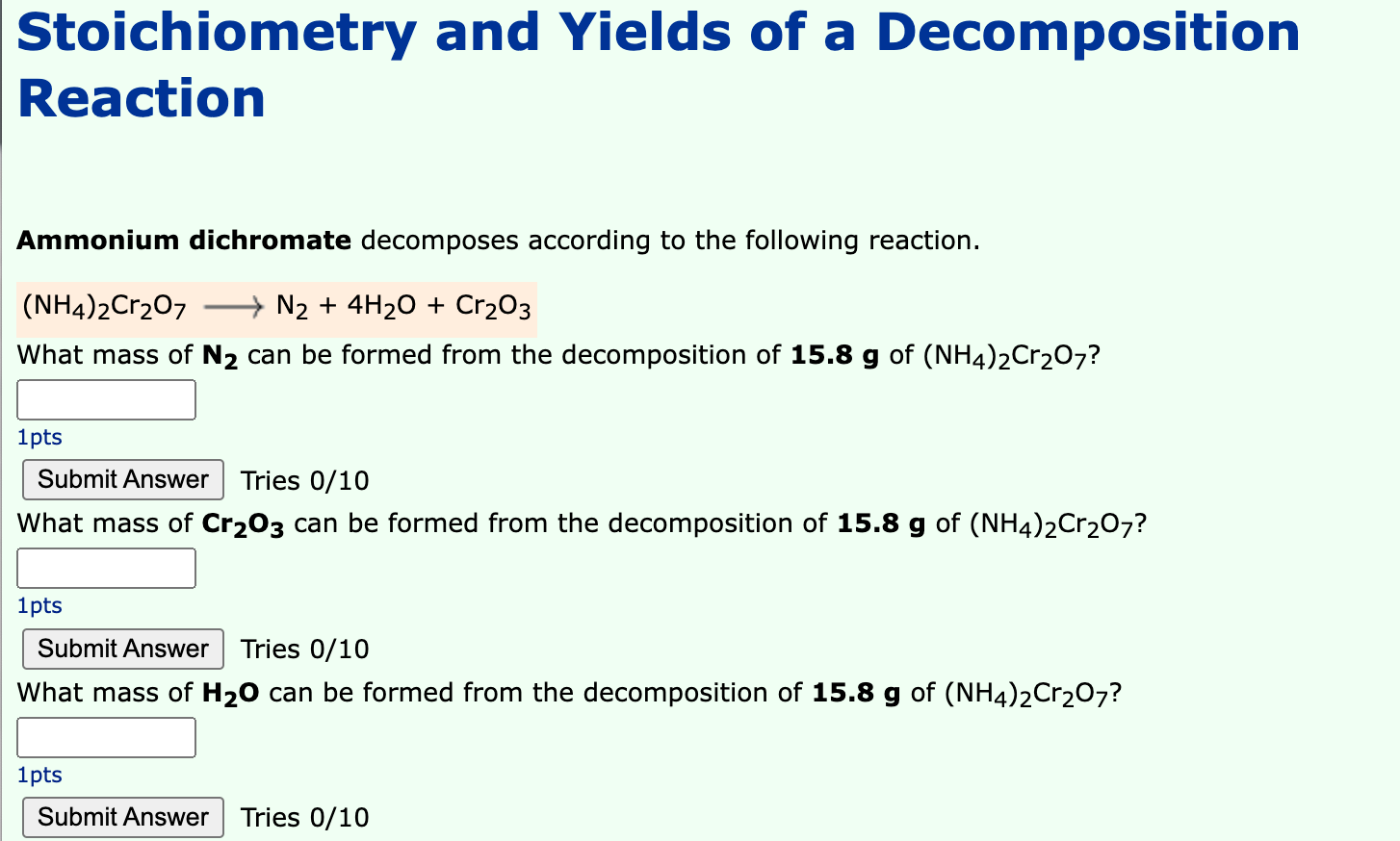 Solved Stoichiometry and Yields of a Decomposition Reaction | Chegg.com