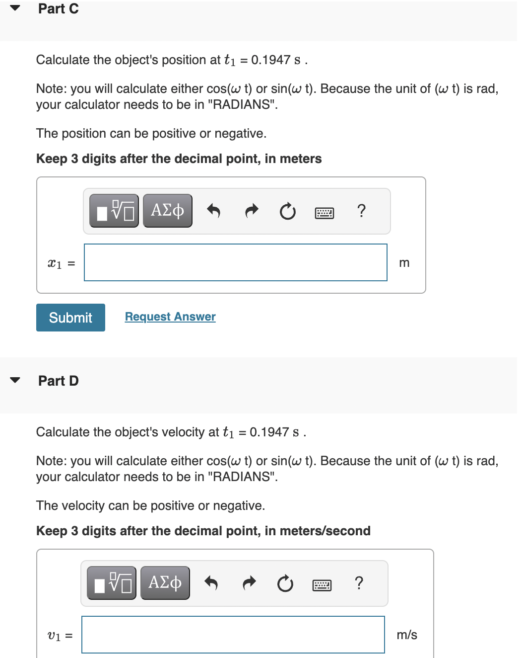 Solved Calculate the object's position at t1=0.1947 s. Note: | Chegg.com