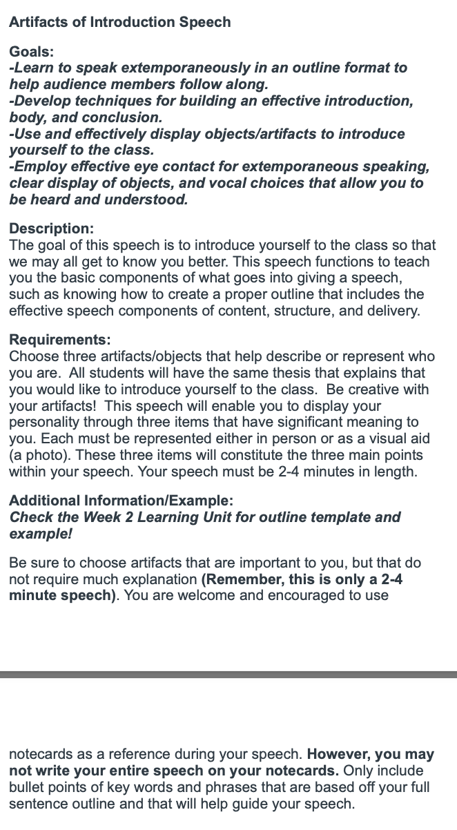 Artifacts of Introduction Speech NameCOMM | Chegg.com