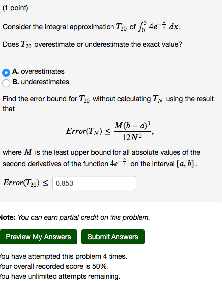 Solved (1 point) Consider the integral approximation T20 of | Chegg.com