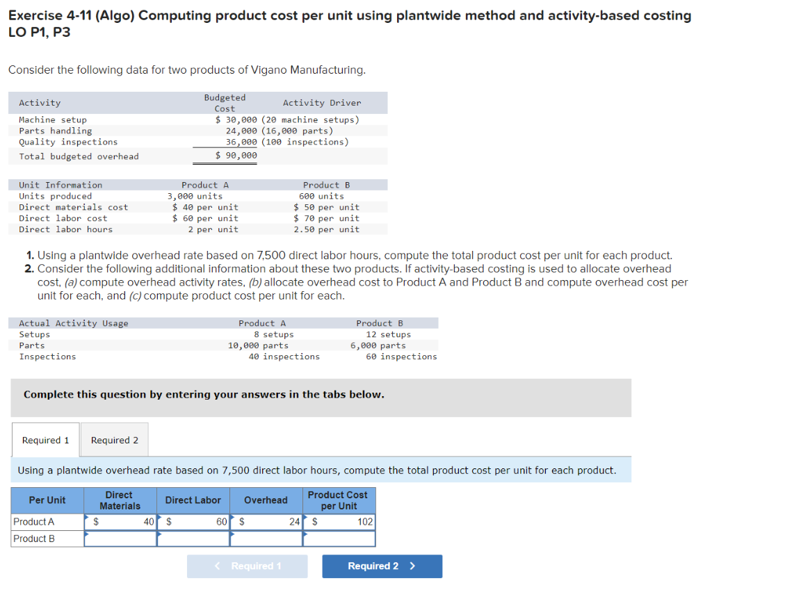 Solved Exercise 4-11 (Algo) ﻿Computing product cost per unit | Chegg.com
