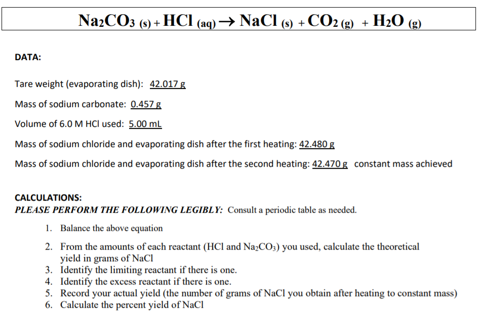 Solved Na2CO3 (s) + HCI (aq) + NaCl (s) + CO2 (9) H2O (9) + | Chegg.com