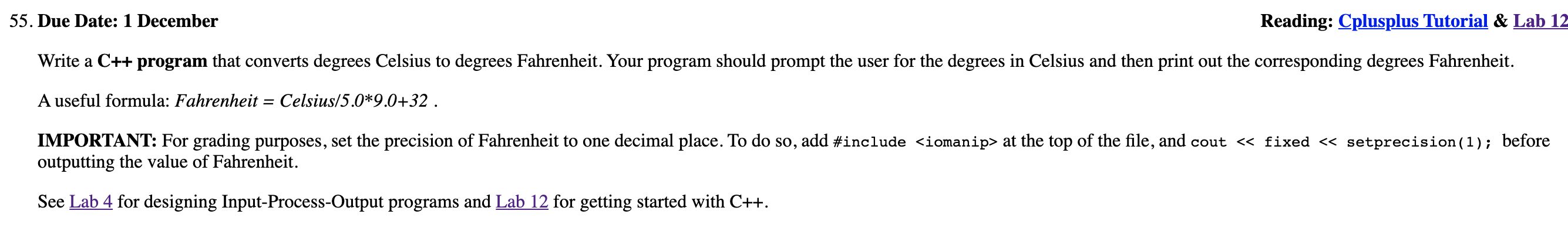 Solved 55. Due Date: 1 December Reading: Cplusplus Tutorial | Chegg.com