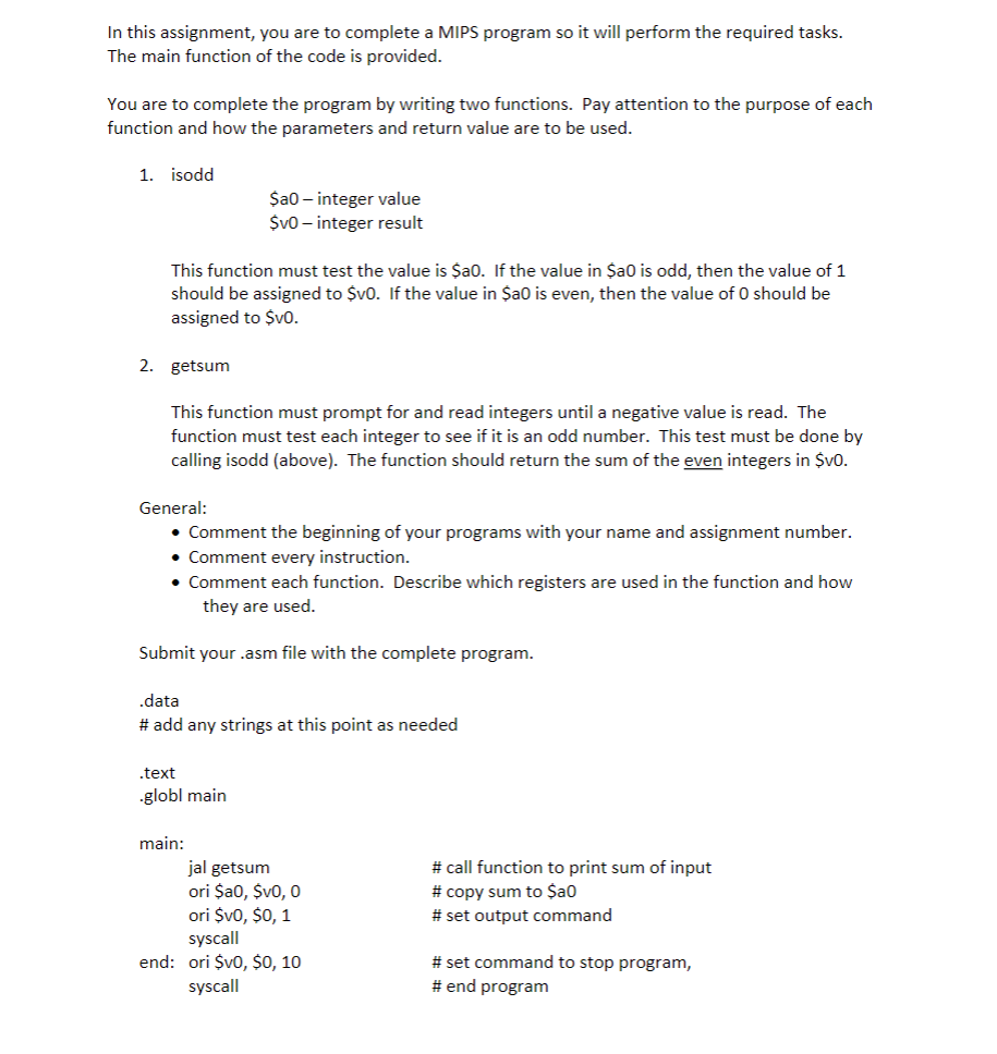 Solved In this assignment, you are to complete a MIPS | Chegg.com