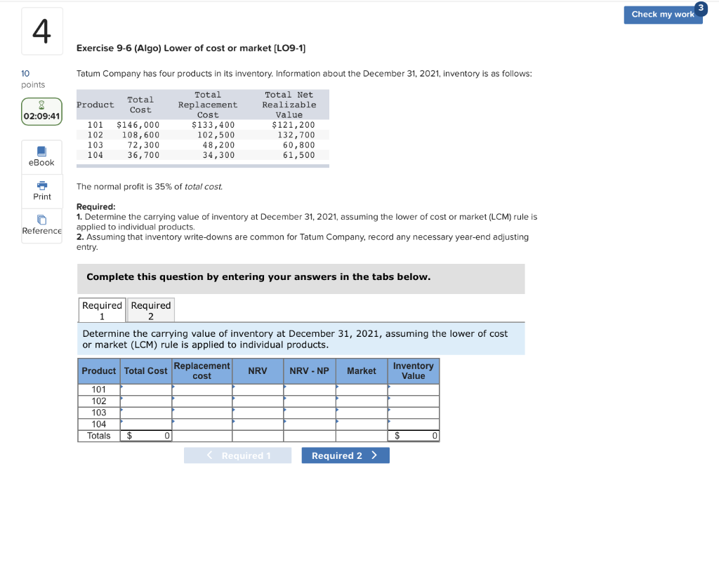 Solved Check my work Exercise 9-6 (Algo) Lower of cost or | Chegg.com