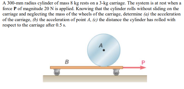 Solved A 300-mm radius cylinder of mass 8 kg rests on a 3-kg | Chegg.com
