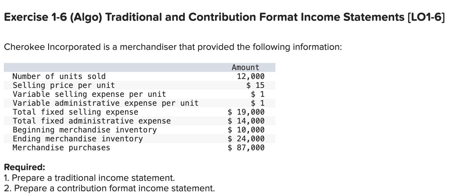 Solved Exercise 1-6 (Algo) ﻿Traditional and Contribution | Chegg.com