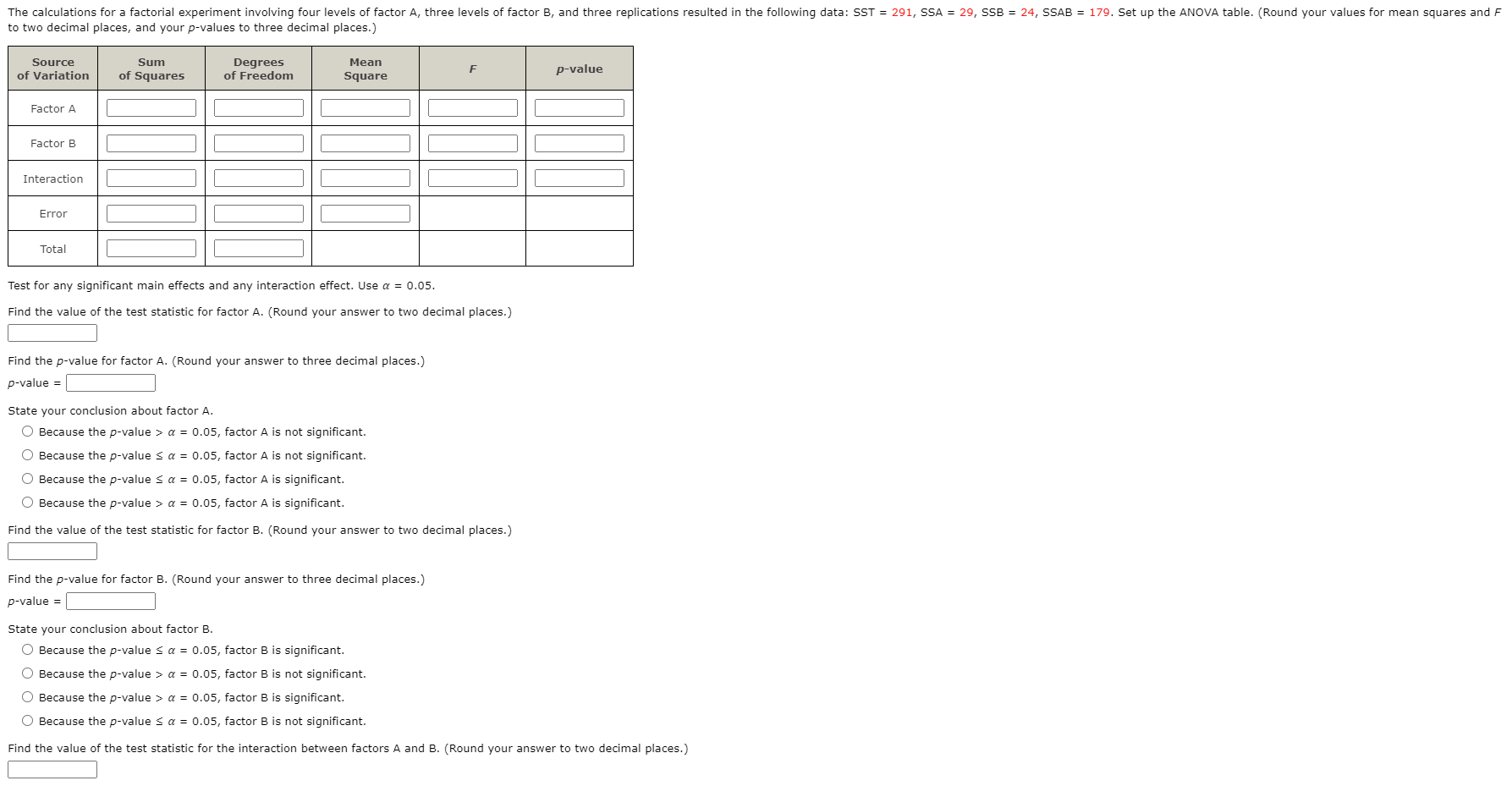 Solved The calculations for a factorial experiment involving | Chegg.com