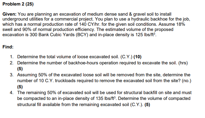 Solved Problem 2 (25) Given: You are planning an excavation | Chegg.com